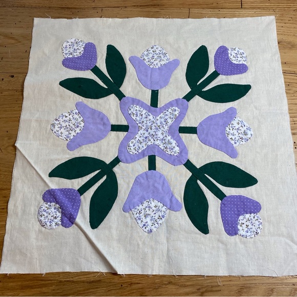 Other | Large Quilt Square Hand Stitched Cotton Folk Art Prim Flowers ...